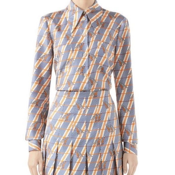 Gucci | Tops | Gucci Giraffe Heritage Silk Twill Blouse In White Size 44 | Poshmark